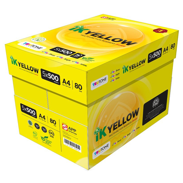 Thùng Giấy Photo A4 80gsm IK Yellow (5 Ream x 500 Tờ)