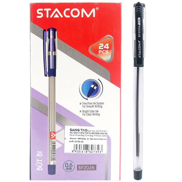 Hộp 24 Bút Bi Thân Trong 0.6 mm - Mực Đen - Stacom HBP2026-A - FAHASA.COM