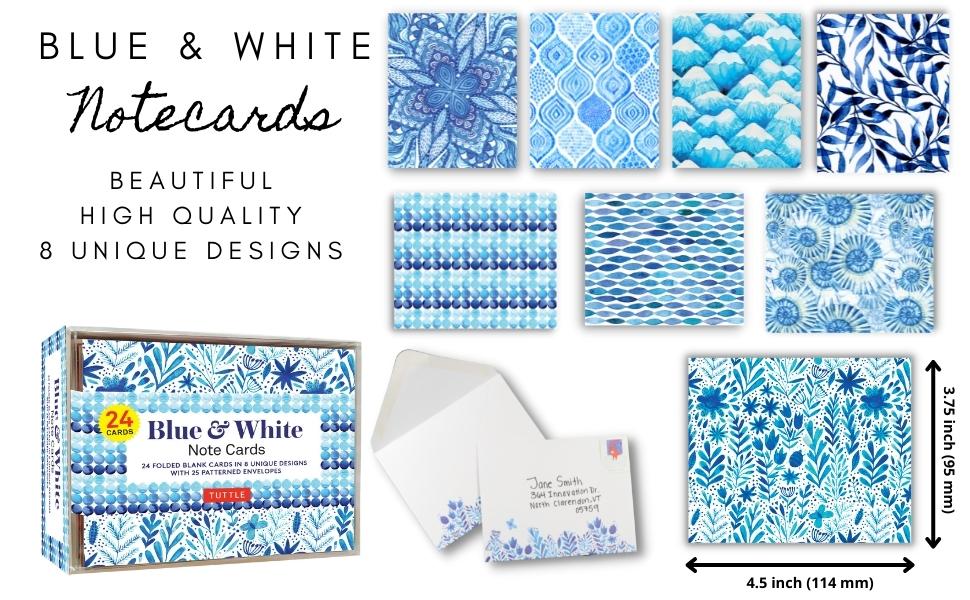 Blue & White Note Cards, 24 Blank Cards: 8 Unique Designs With 25 ...